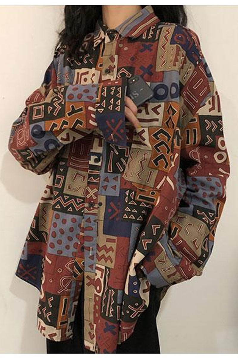 Long Sleeve Retro Art Pattern Blouse Shirt – Nada Outfit Land