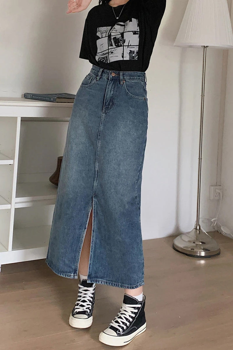 High Waist Front Split A Line Denim Skirts Nada Outfit Land
