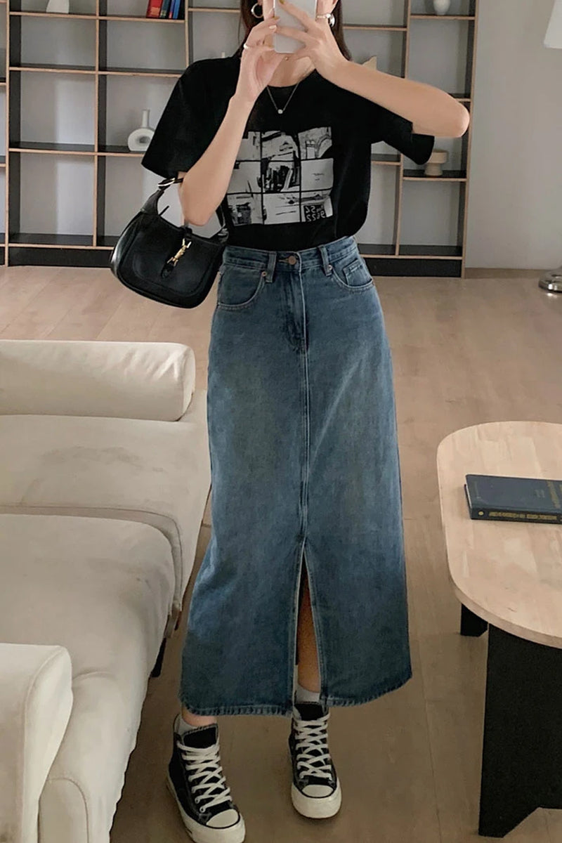 High Waist Front Split A Line Denim Skirts Nada Outfit Land