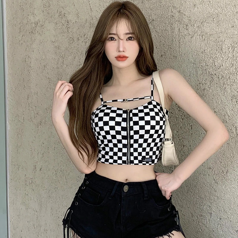 Sexy Exposed Plaid Zipper Crop Tops Nada Outfit Land