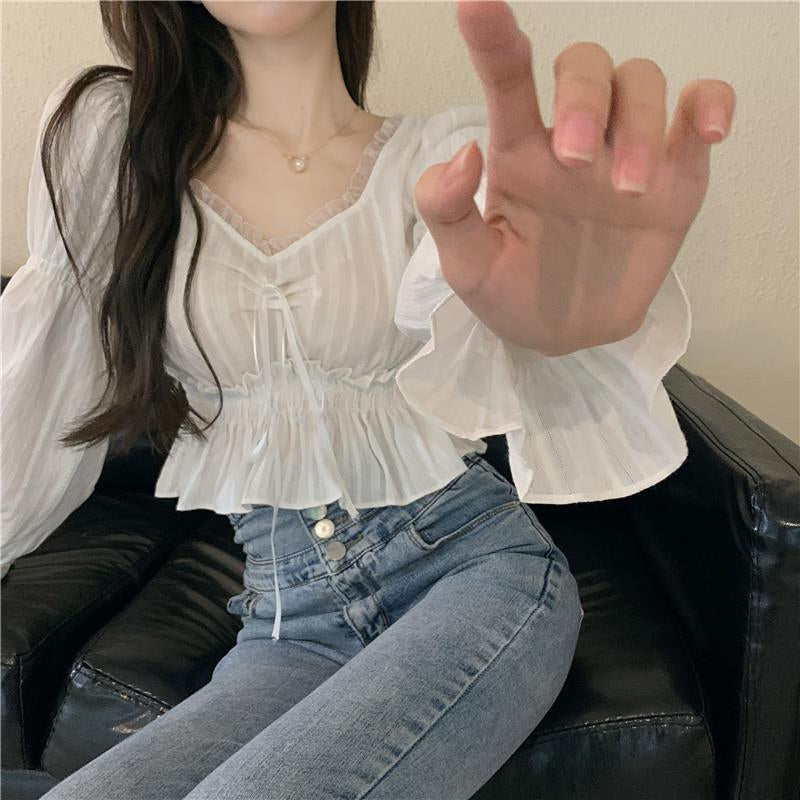 Long Sleeve Lace Tie Cropped Blouse Shirts Nada Outfit Land
