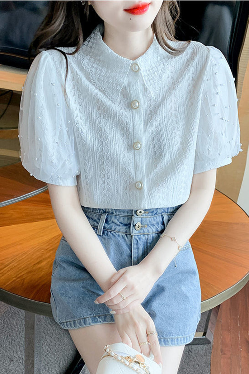 Lace Puff Sleeve Lapel Collar Blouse Shirts Nada Outfit Land
