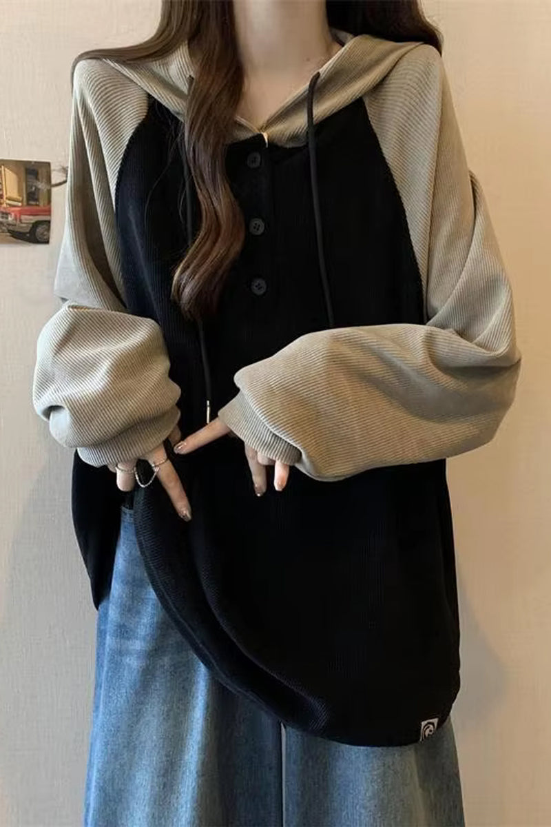 Loose Long Sleeve Two Colors Combination Hoodie – Nada Outfit Land