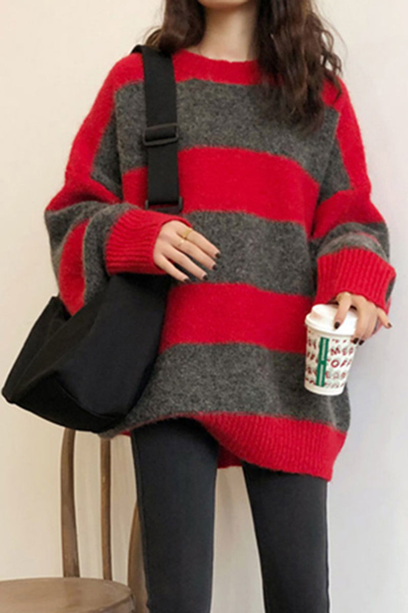 Long Sleeve O-Neck Knitted Striped Sweater – Nada Outfit Land