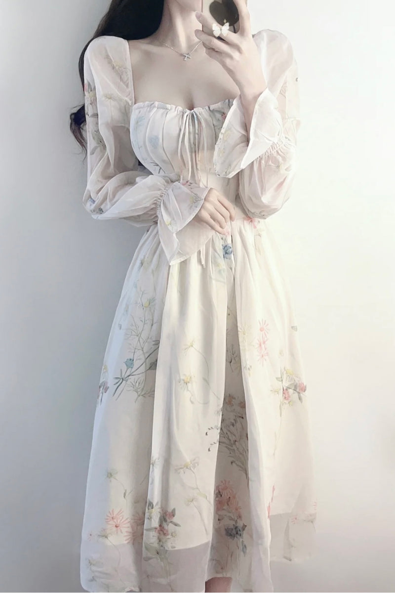 Long Sleeve Retro Floral Pattern Long Dress – Nada Outfit Land