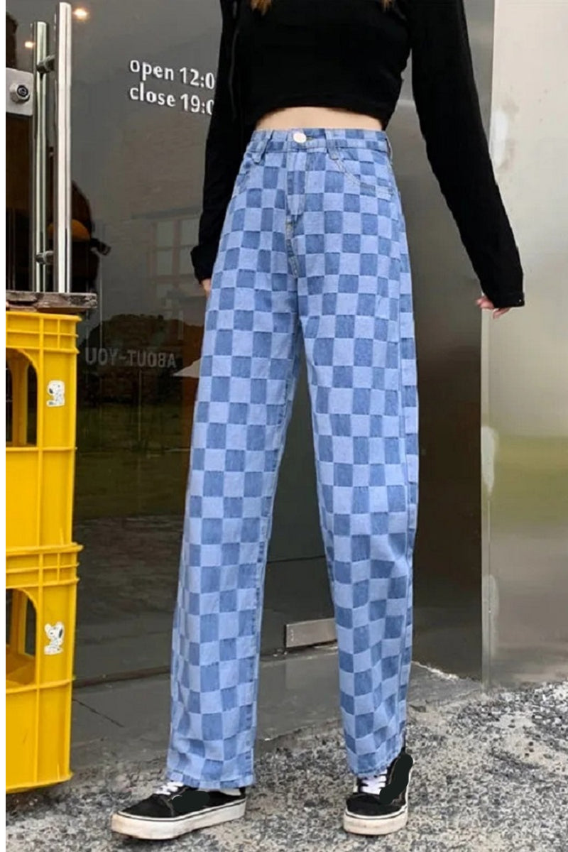High Waist Plaid Checkerboard Denim Pants – Nada Outfit Land