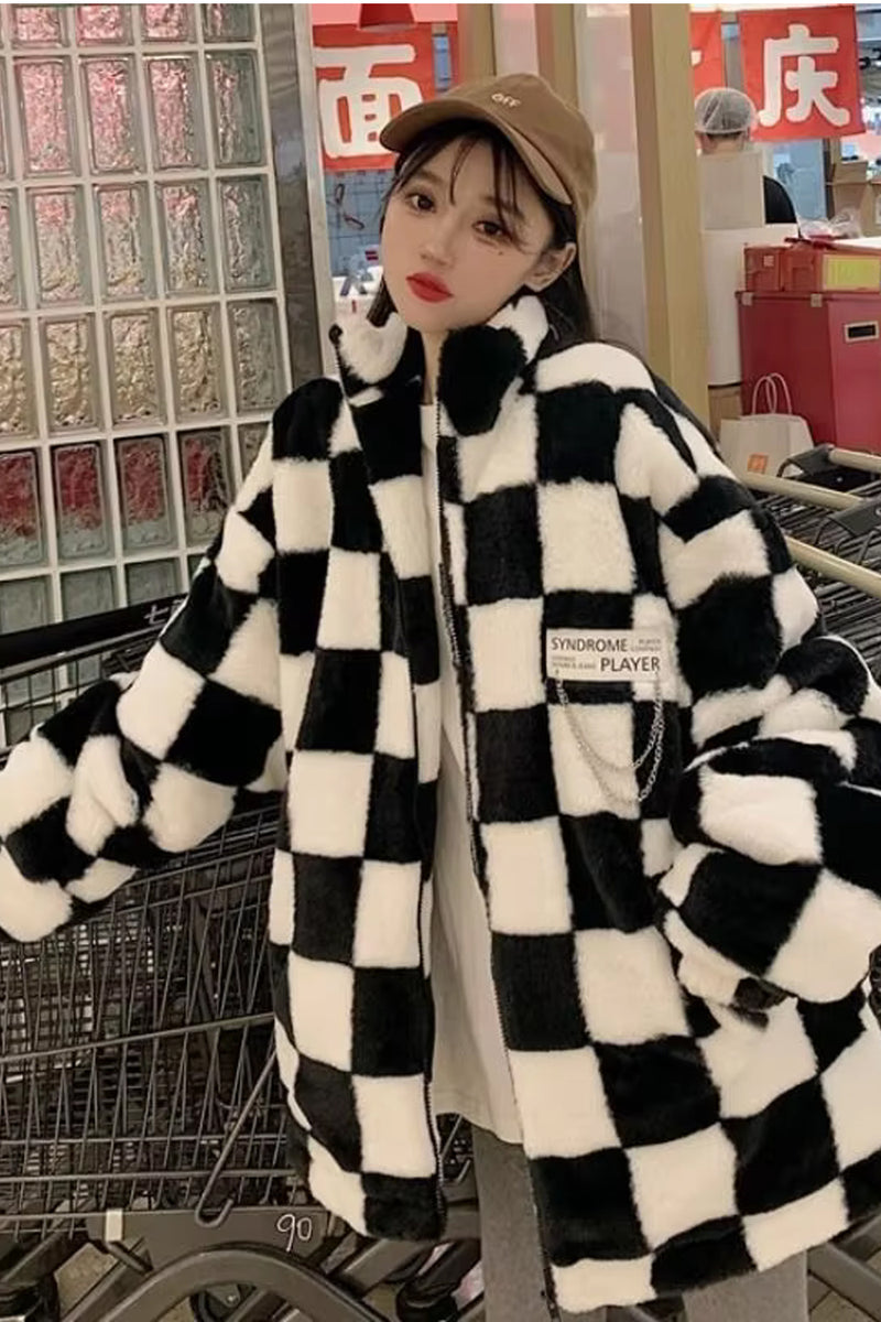 Loose Padded Checkered Plaid Fur Jacket – Nada Outfit Land