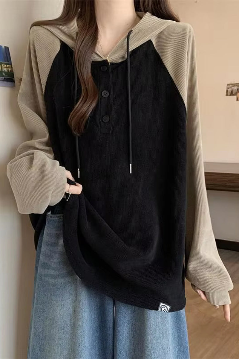 Loose Long Sleeve Two Colors Combination Hoodie – Nada Outfit Land