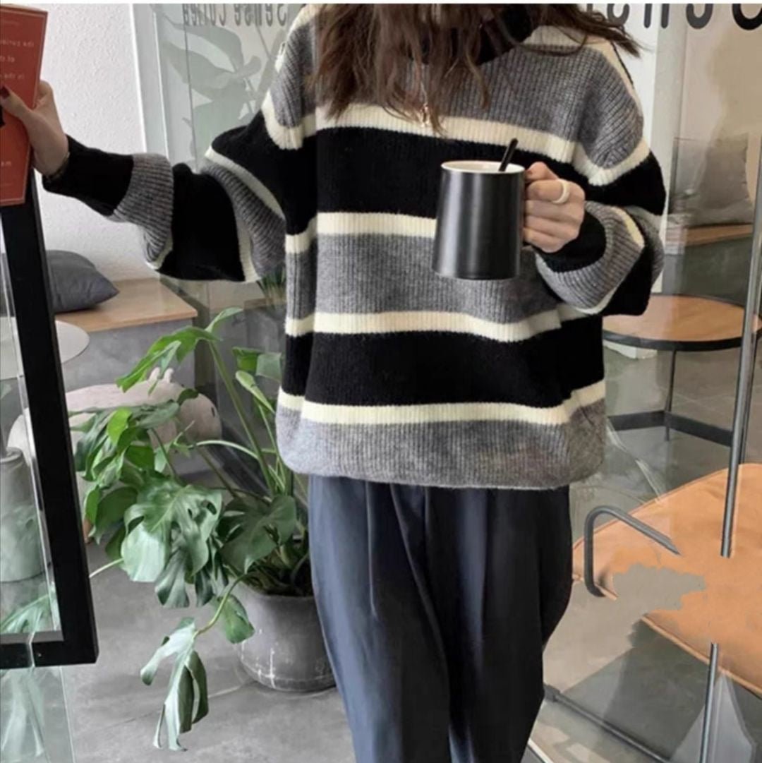 Classic O-Neck Knitted Striped Sweater – Nada Outfit Land