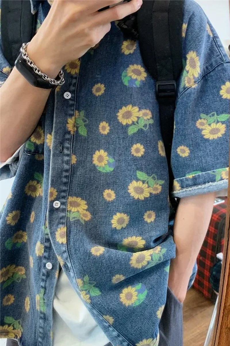 Short Sleeve Daisy Printed Denim Men Shirts – Nada Outfit Land