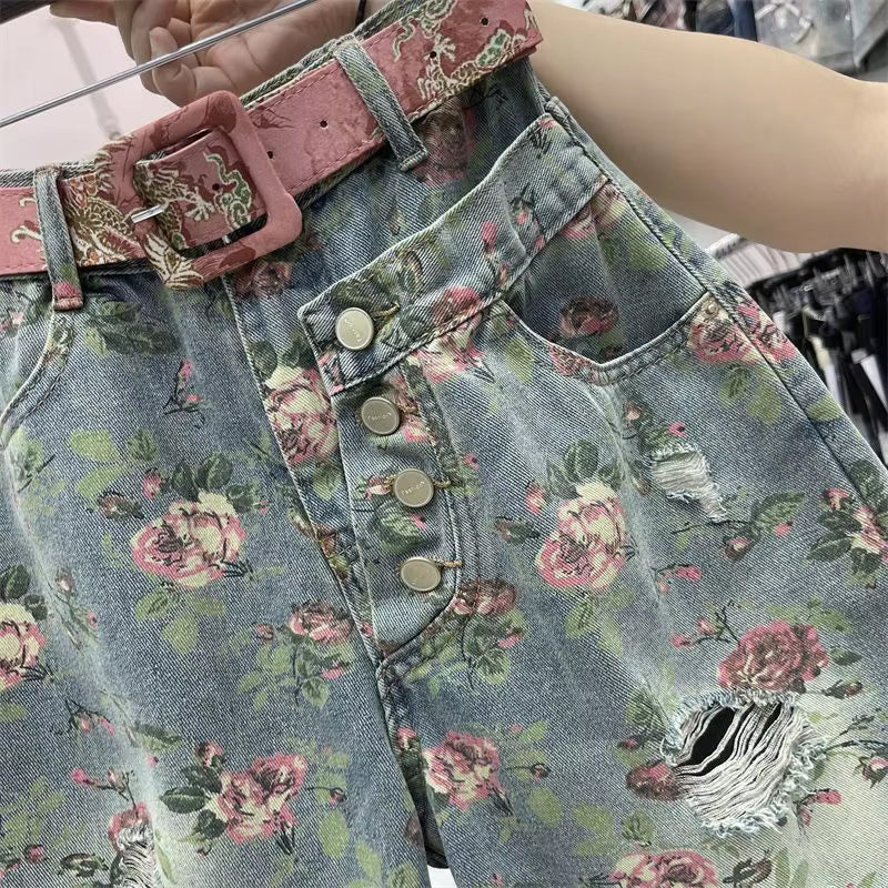 High Waist Ripped Floral Pattern Denim Shorts – Nada Outfit Land
