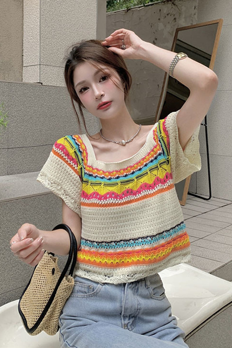 Cute Stripe Colors Knitted Slim Shirt – Nada Outfit Land