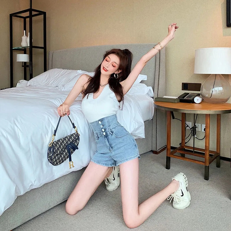 High Waist Extend Button Skinny Denim Shorts Jeans – Nada Outfit Land