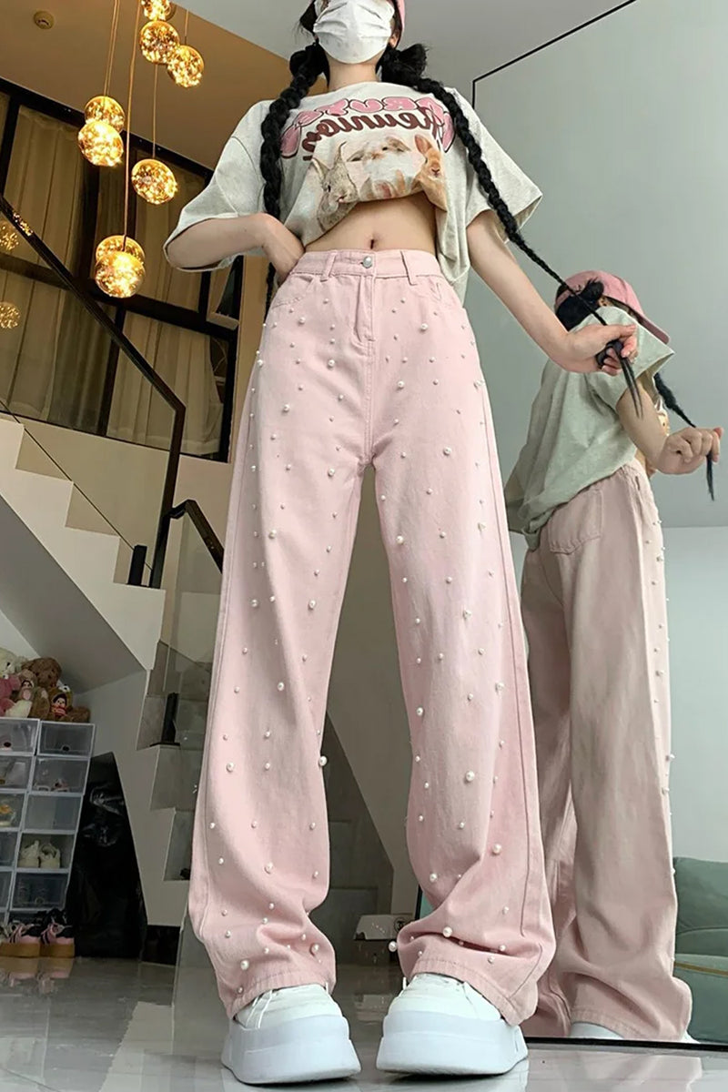 High Waist Cute Pearls Beaded Pink Jeans Pants – Nada Outfit Land