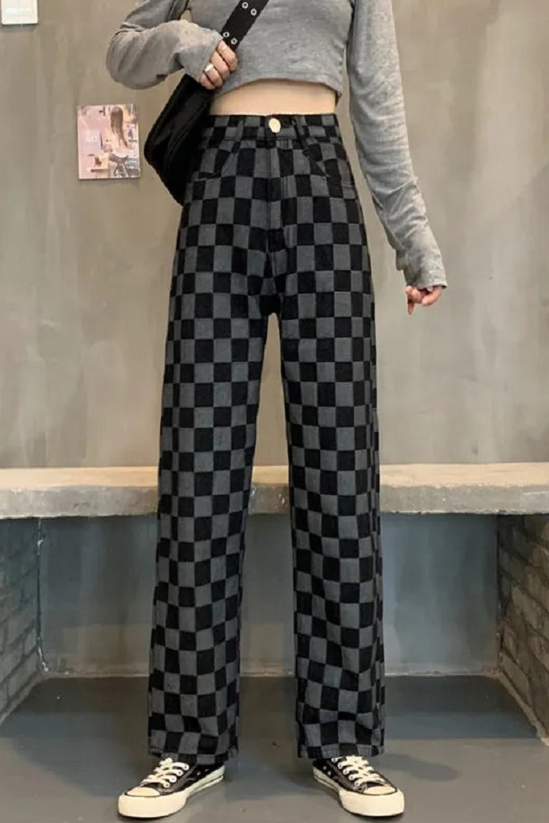 High Waist Plaid Checkerboard Denim Pants – Nada Outfit Land