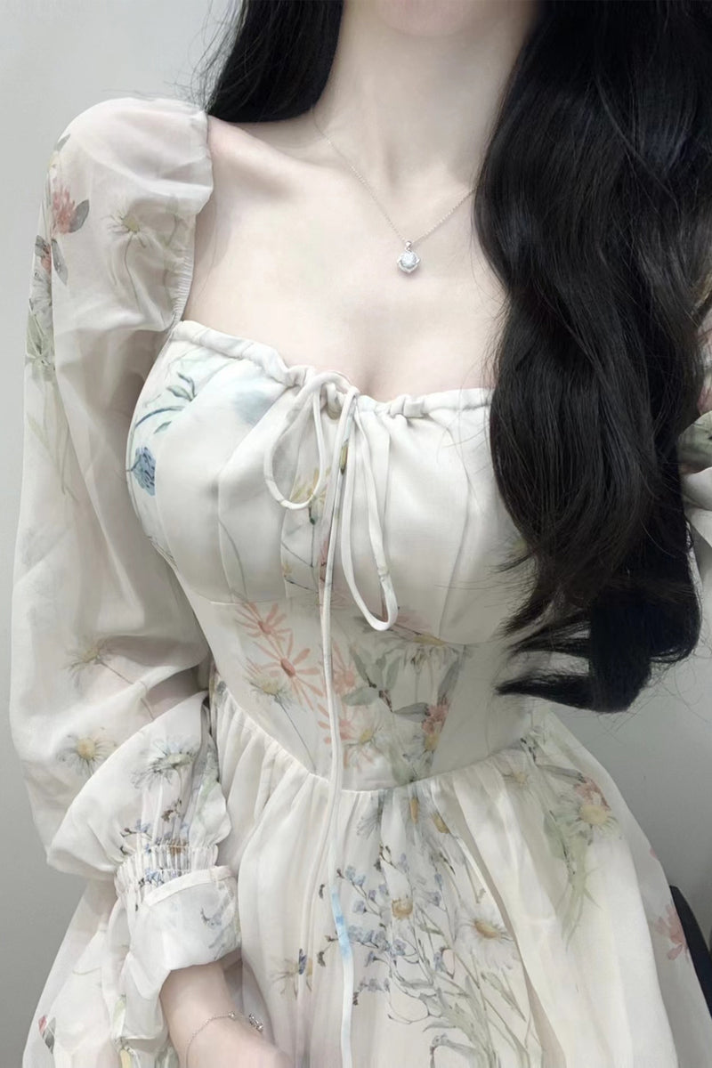 Long Sleeve Retro Floral Pattern Long Dress – Nada Outfit Land