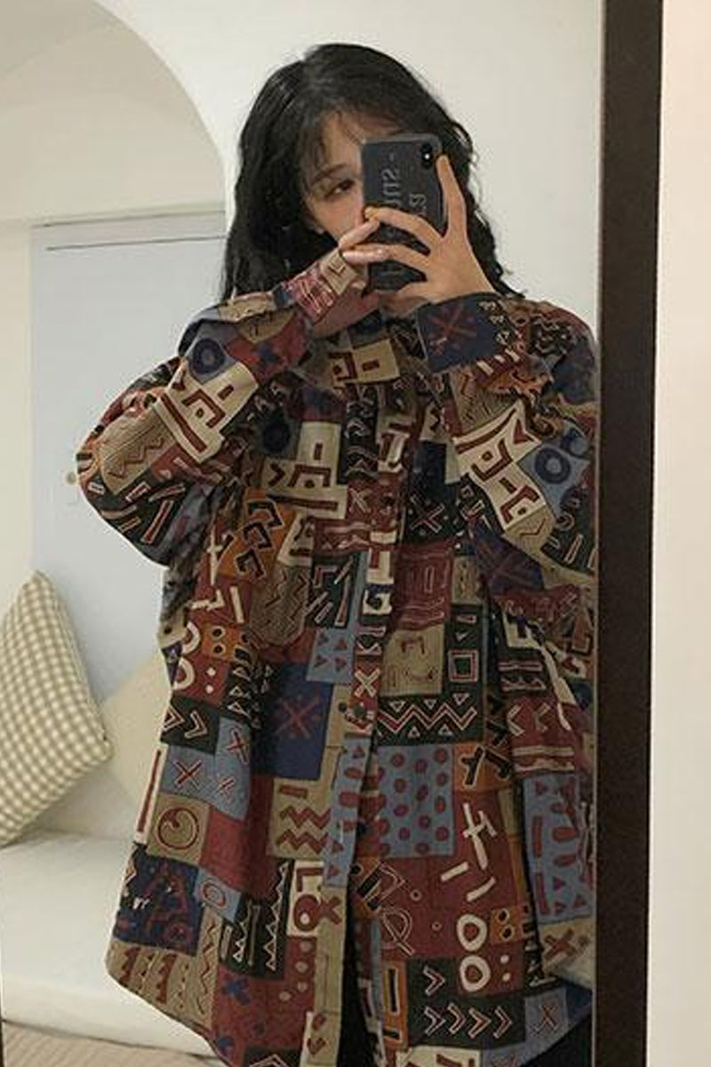 Long Sleeve Retro Art Pattern Blouse Shirt – Nada Outfit Land