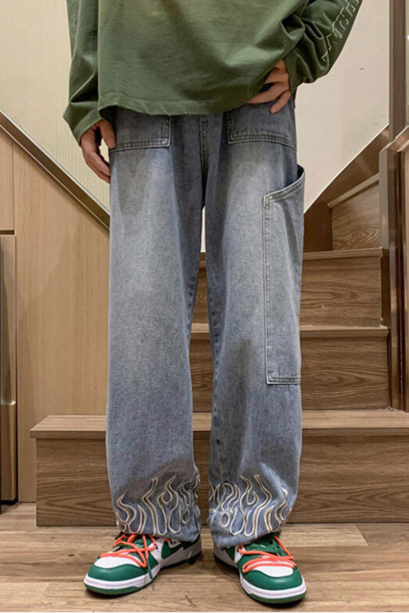 Loose Flame Embroidered Jeans Pants – Nada Outfit Land