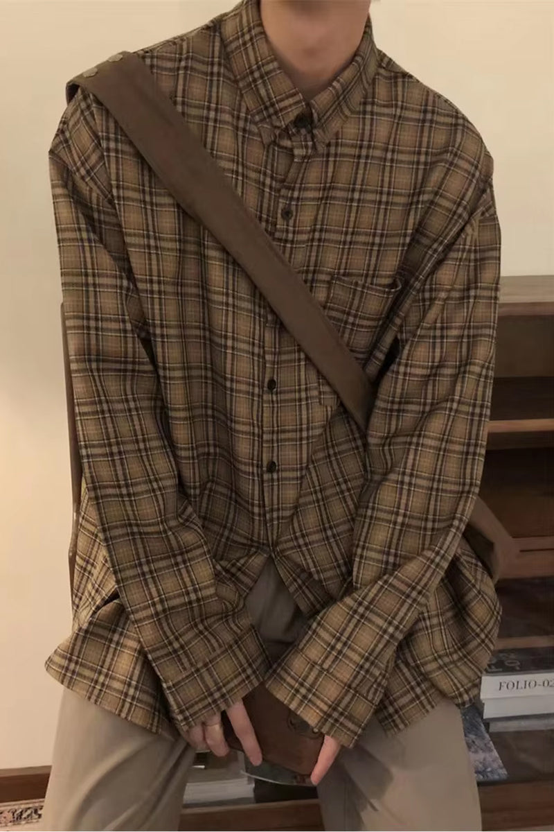 Long Sleeve Retro Coffee Color Plaid Men Shirt – Nada Outfit Land