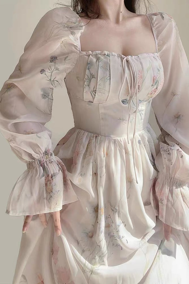 Long Sleeve Retro Floral Pattern Long Dress – Nada Outfit Land
