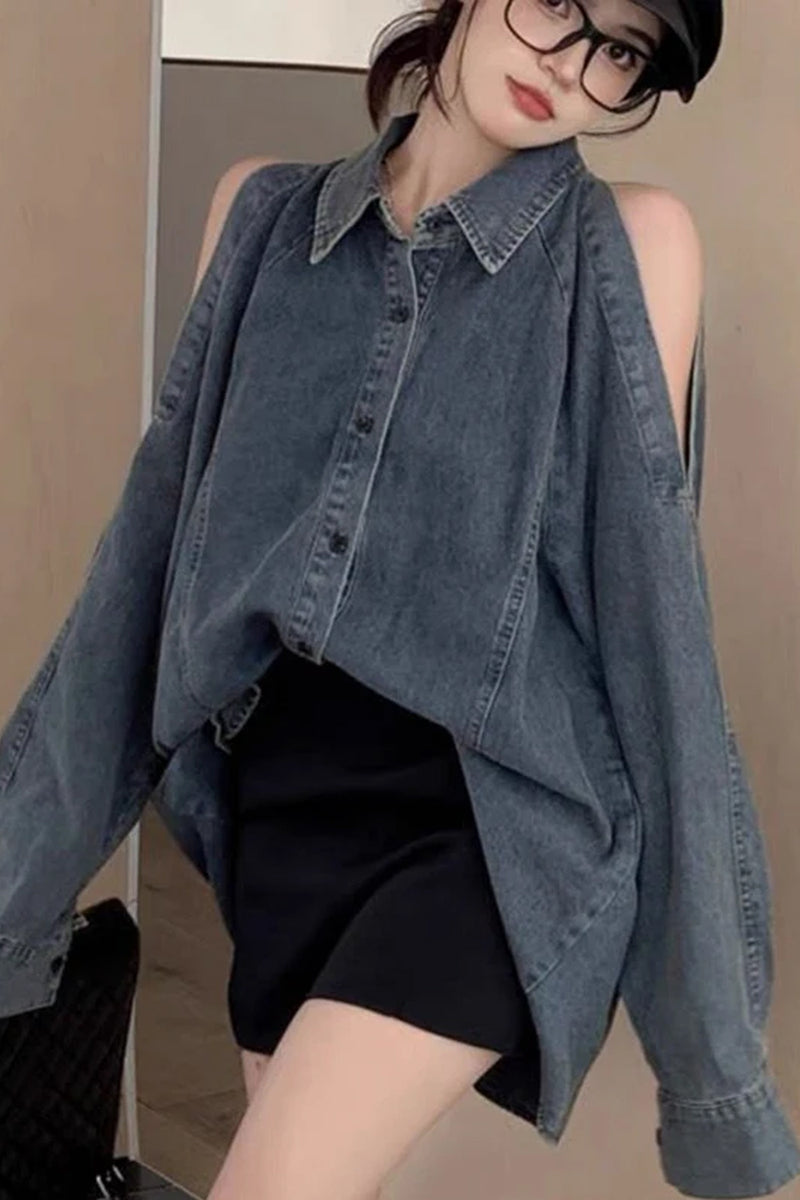 Long Sleeve Off Shoulder Denim Shirt – Nada Outfit Land