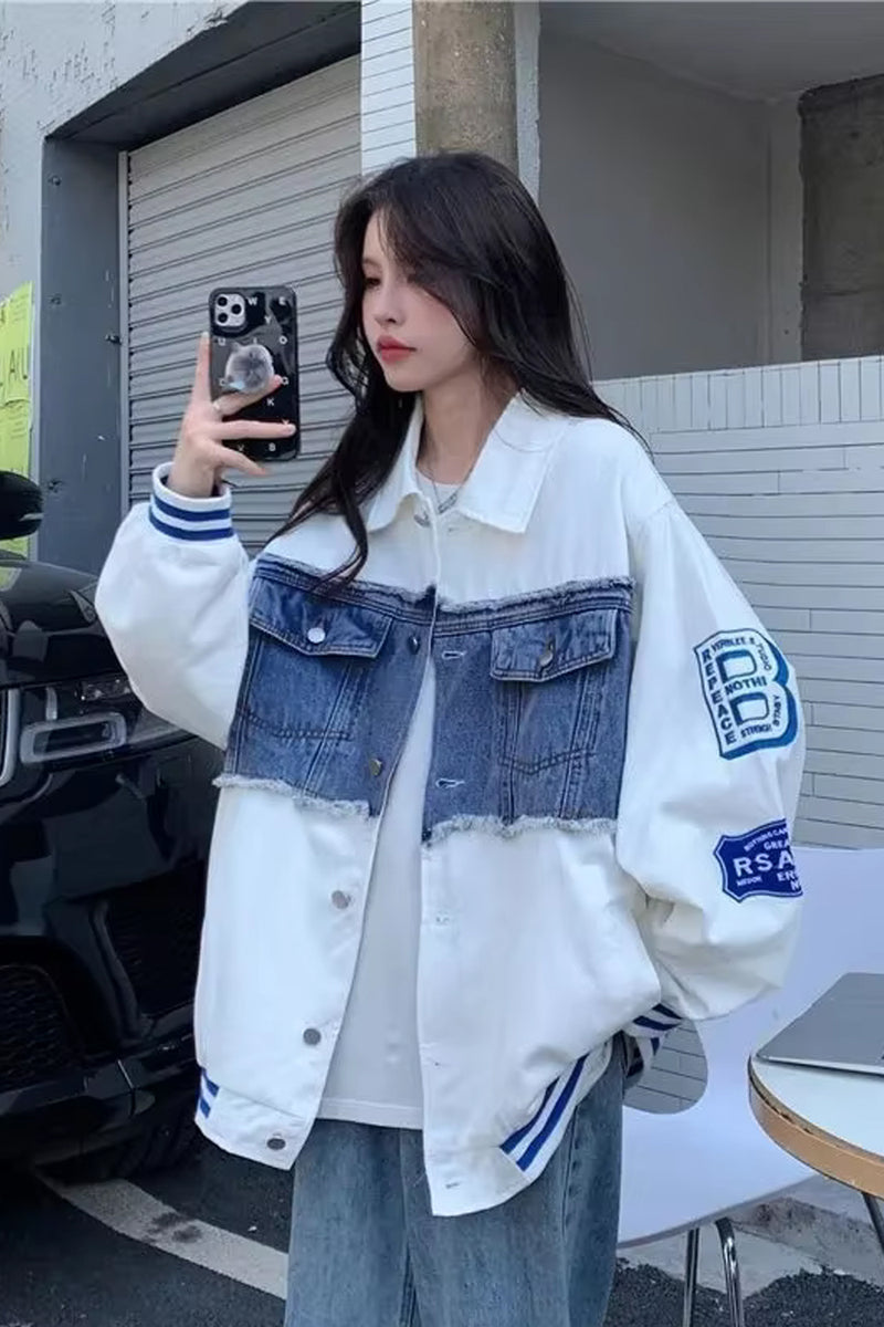 Long Sleeve Denim Patchwork Embroidered Baseball Jacket – Nada Outfit Land