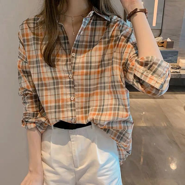 Long Sleeve Plaid Style Thin Summer Blouse Shirt – Nada Outfit Land