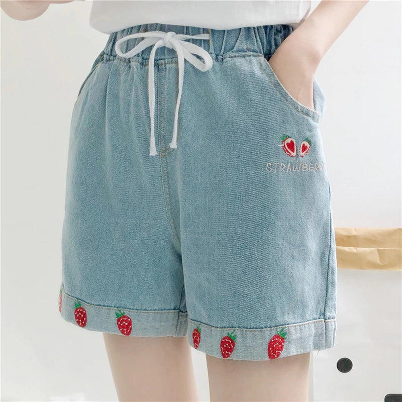 Cute Strawberry Embroidery Denim Shorts Jeans – Nada Outfit Land