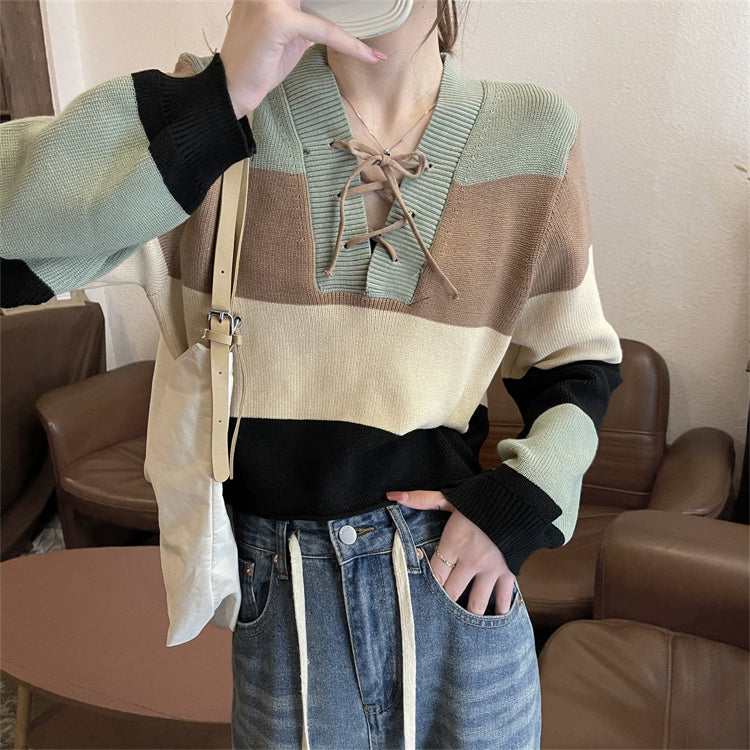Lace Tie Striped Cropped Sweater – Nada Outfit Land