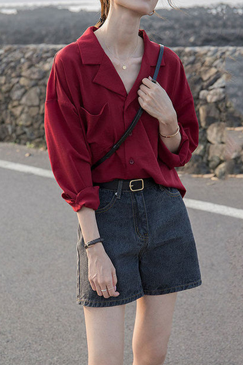 Long Sleeve Simple Notched Blouse Shirts – Nada Outfit Land