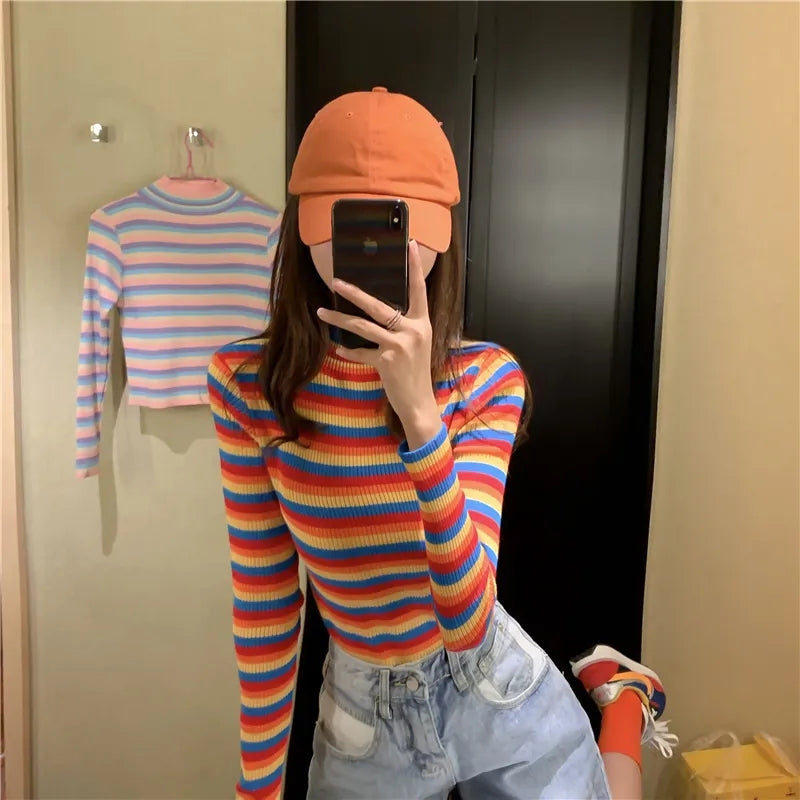 Cute Striped High Neck Slim Sweater – Nada Outfit Land
