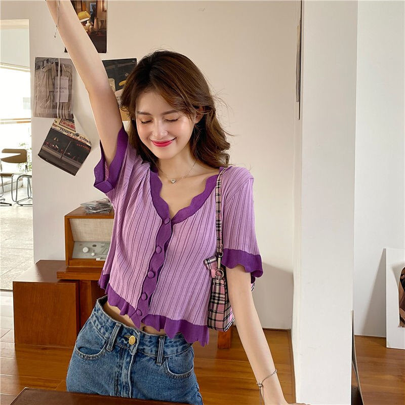 Short Sleeve V-Neck Ruffle Cropped Slim Shirts – Nada Outfit Land