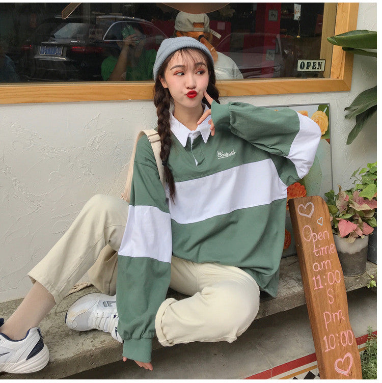 Long Sleeve Polo Collar Hit Color Shirt – Nada Outfit Land