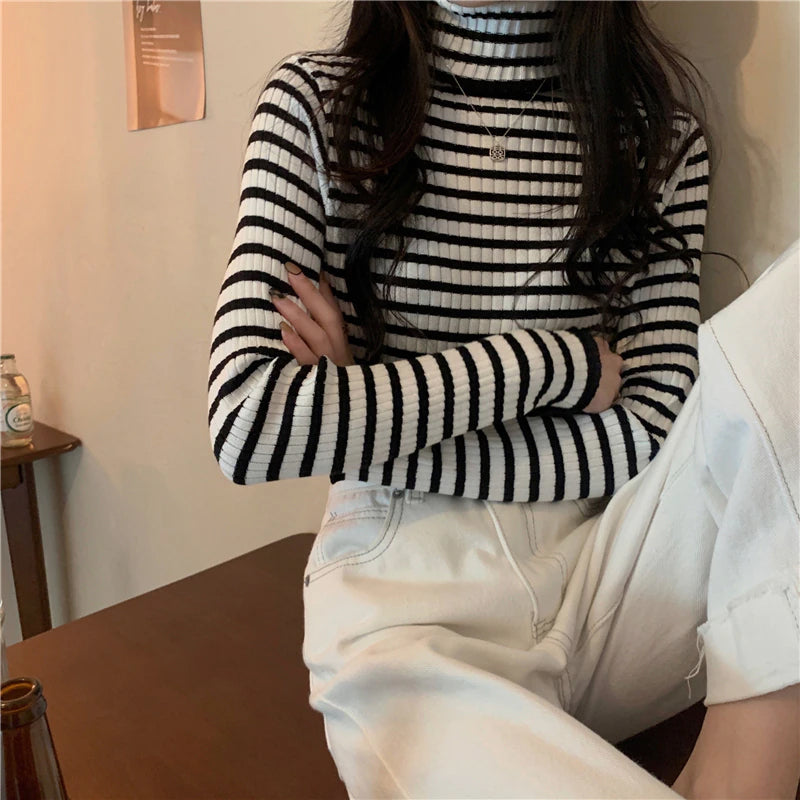 Retro Striped Turtleneck Slim Sweater – Nada Outfit Land
