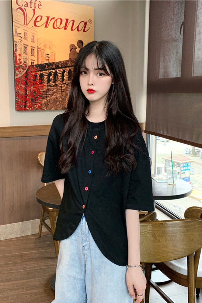 Colorful Buttons Short Sleeve Irregular Shirt – Nada Outfit Land