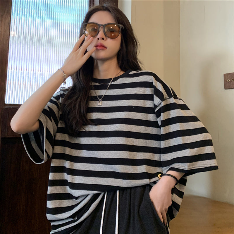 Loose Oversize O-Neck Striped Shirt – Nada Outfit Land