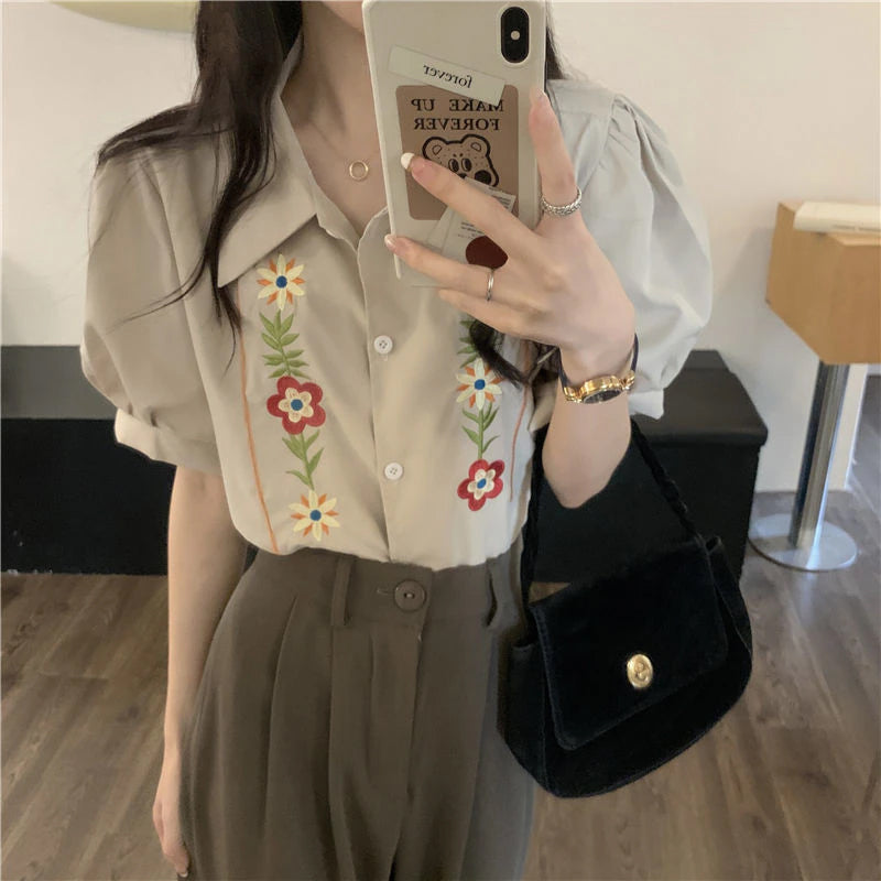 Short Sleeve Flower Embroidered Blouse Shirt – Nada Outfit Land