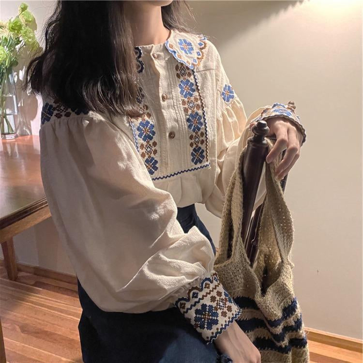 Long Sleeve Vintage Art Embroidered Blouse Shirts – Nada Outfit Land