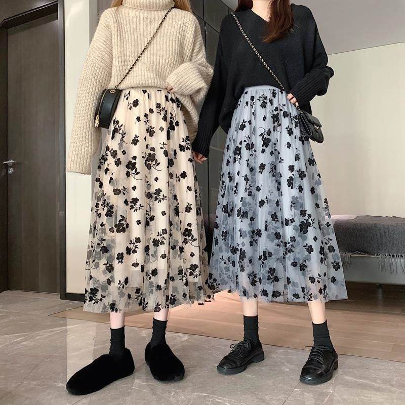 Flowers Pattern Mesh Transparent Long Skirt – Nada Outfit Land