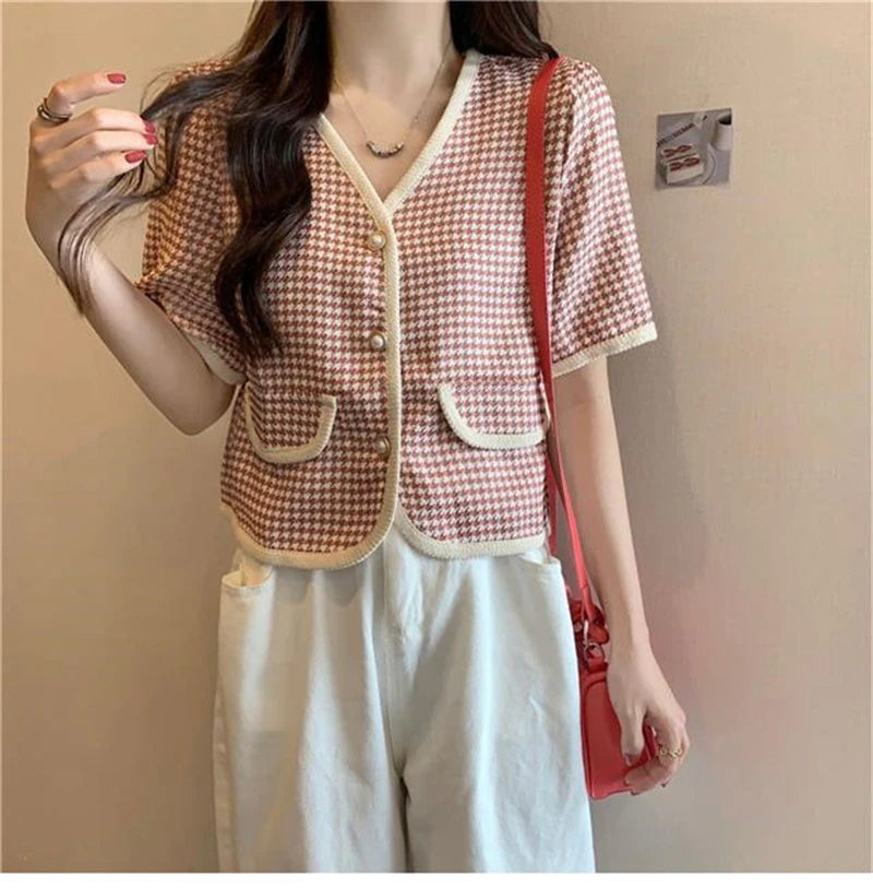 Short Sleeve Elegant Houndstooth Blouse – Nada Outfit Land