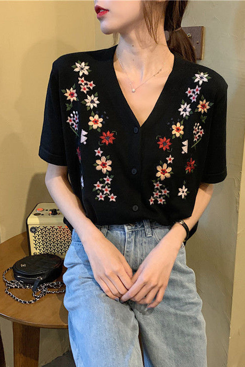 Short Sleeve V-Neck Floral Embroidered Shirts – Nada Outfit Land
