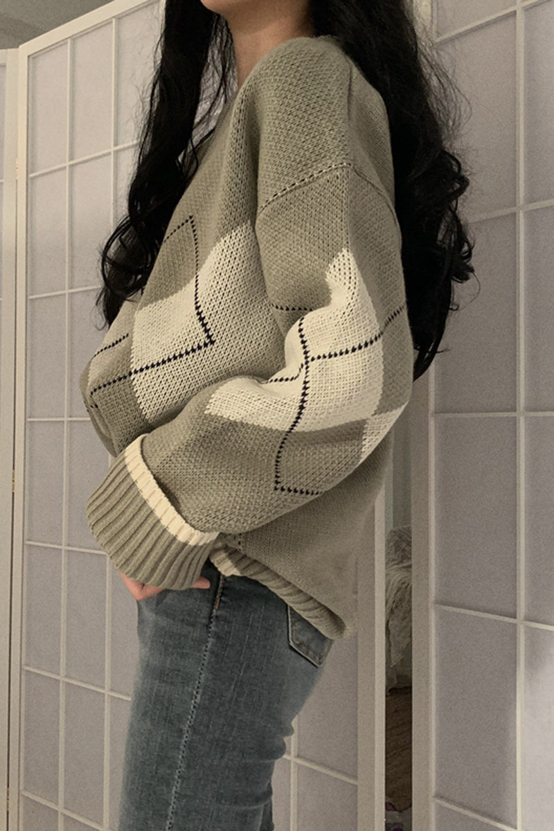 Long Sleeve Argyle Pattern Knitted Sweater – Nada Outfit Land