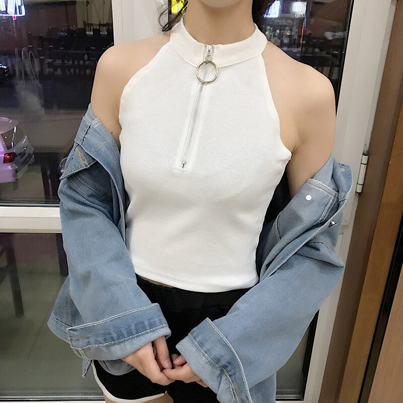 Sexy Sleeveless High Collar Zipper Crop Tops – Nada Outfit Land