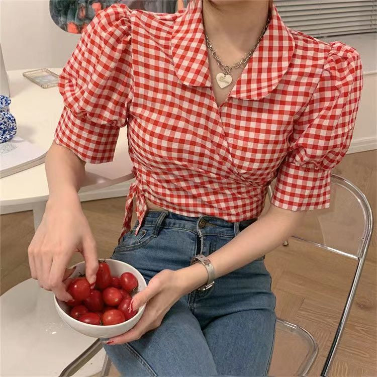 Puff Sleeve Retro Plaid Cropped Slim Shirts – Nada Outfit Land
