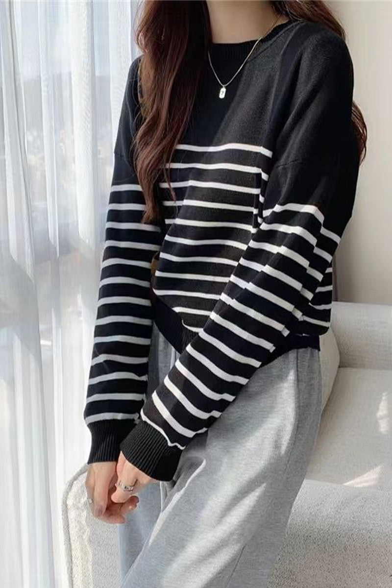 Long Sleeve O-Neck Striped Knitted Sweater – Nada Outfit Land