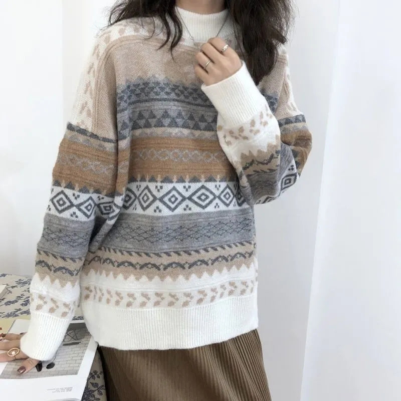 Retro Geometric Pattern Knitted Loose Sweater – Nada Outfit Land