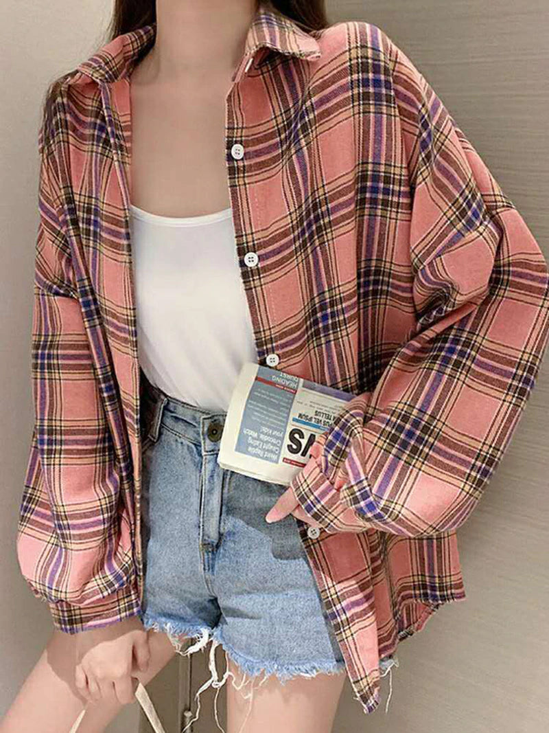 Loose Cute Pastel Colors Plaid Shirt – Nada Outfit Land