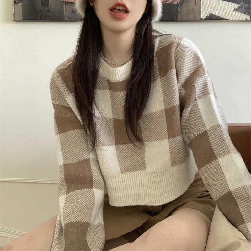 Plaid Pattern O-Neck Loose Cropped Sweater – Nada Outfit Land