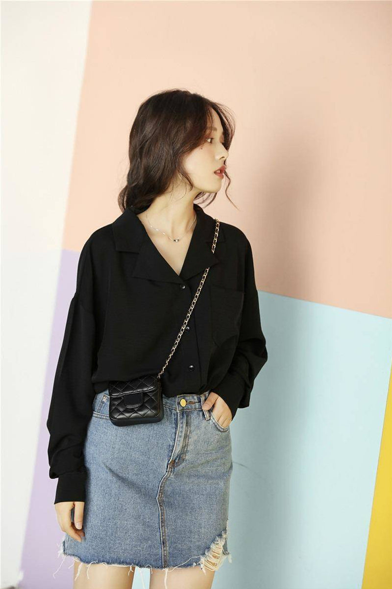 Long Sleeve Simple Notched Blouse Shirts – Nada Outfit Land