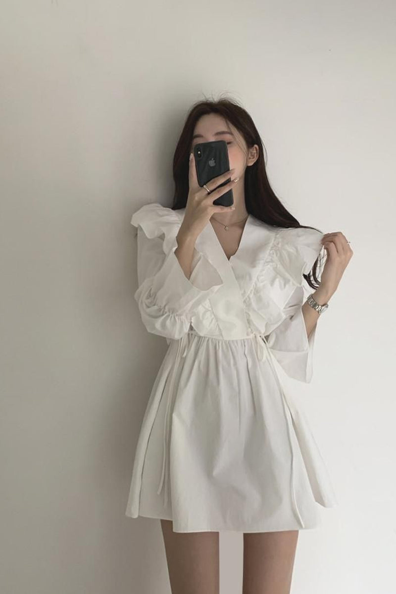 V-Neck Lantern Sleeve Ruffle Dress – Nada Outfit Land